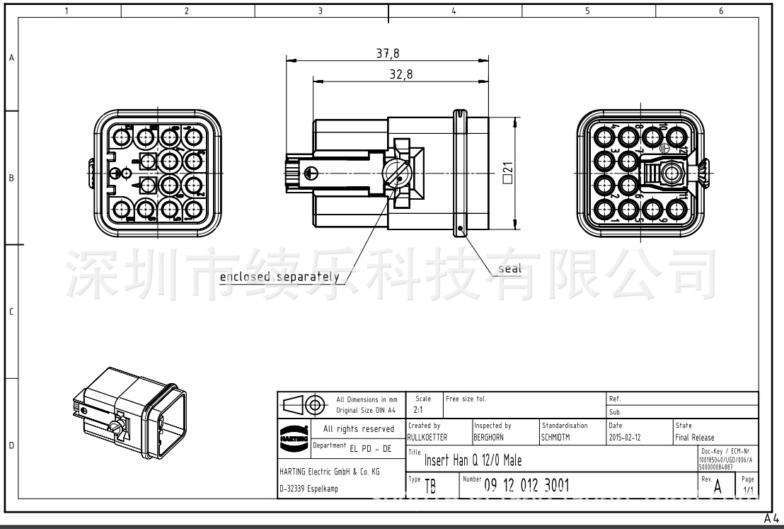 HARTING 09120123001 HAN 012-M 12芯 重载连接器 Han Q 12/0-阿里巴巴
