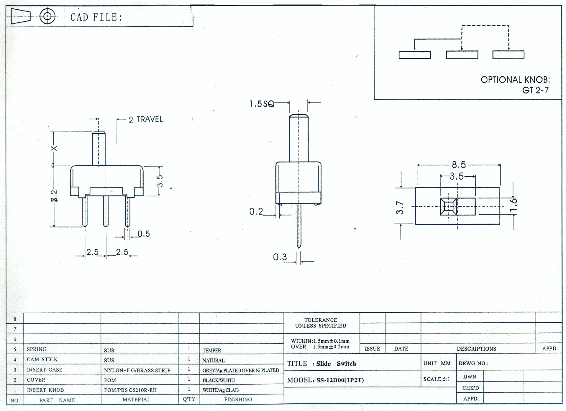 SS12D00G3 拨动开关 立式 三/3脚2档 1P2T 柄高3MM 小型滑动开关-阿里巴巴