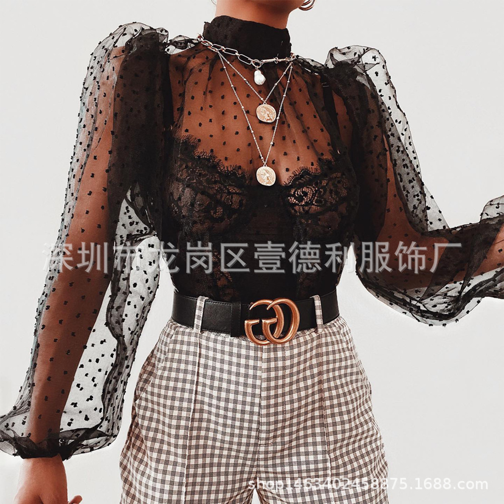 eBay热销 跨境性感透视网纱灯笼袖罩衫蝴蝶结系带T恤新款SU1979-阿里巴巴