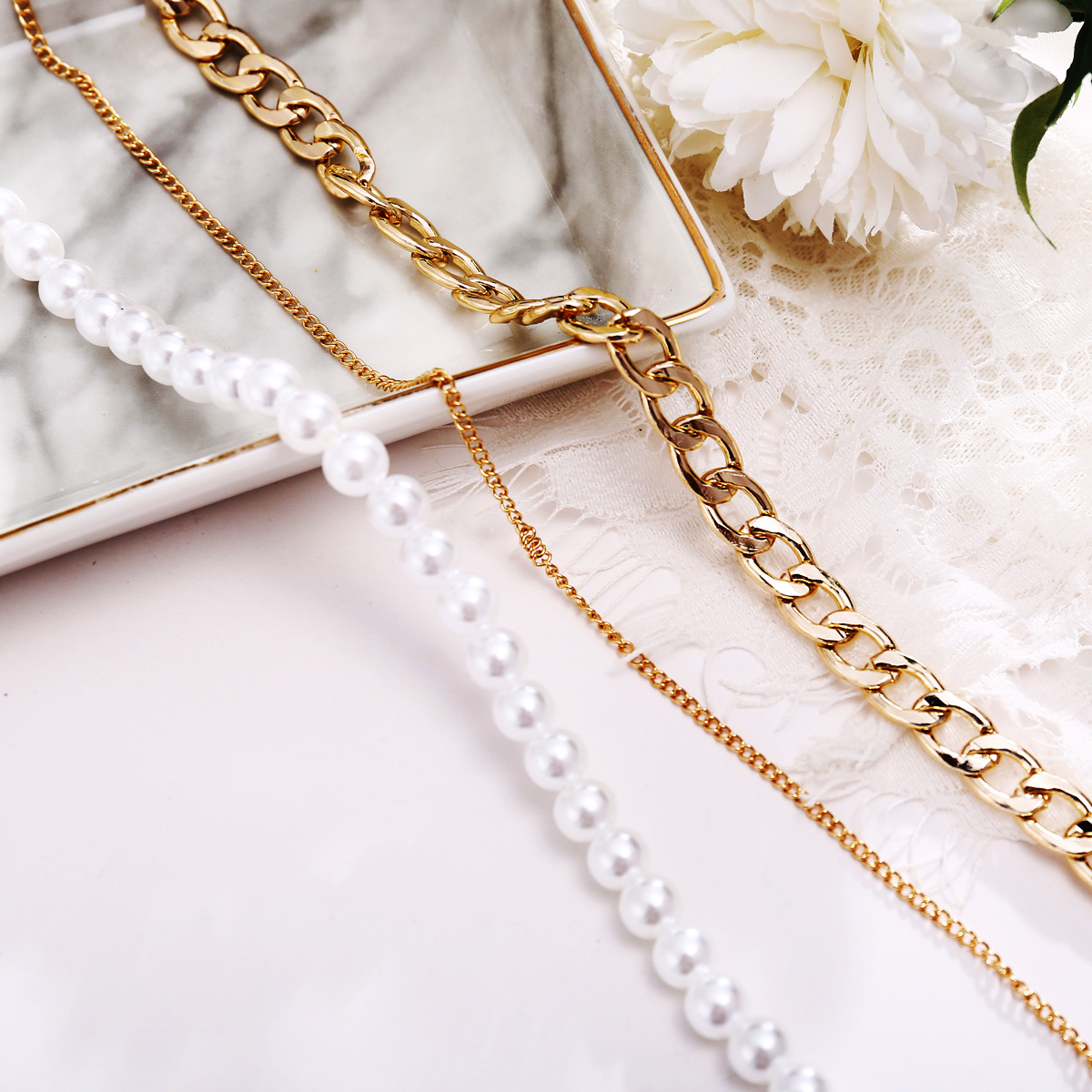 Creative vintage pearl chain multilayer necklace NHPJ157416