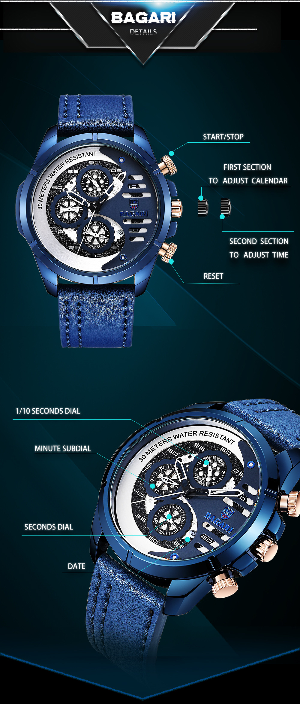 BAGARI三眼六针手表男士多日历手表watches for men-阿里巴巴