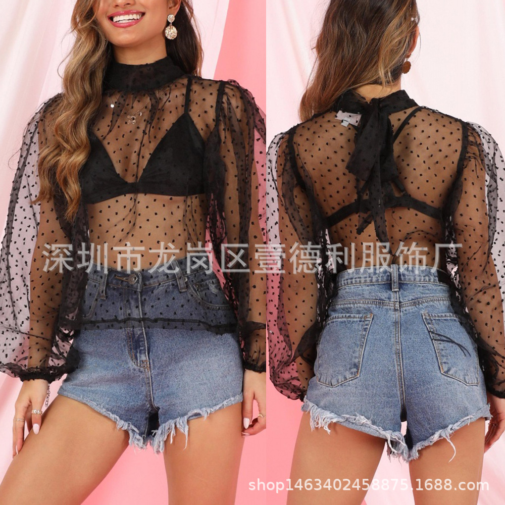eBay热销 跨境性感透视网纱灯笼袖罩衫蝴蝶结系带T恤新款SU1979-阿里巴巴