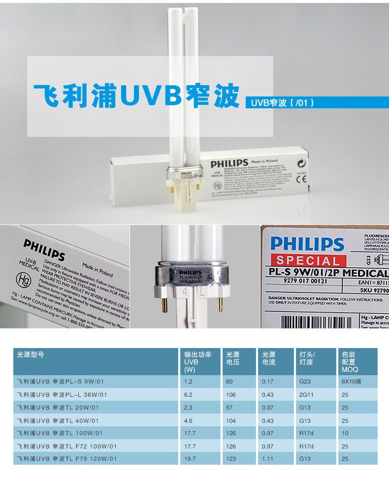 Philips/飞利浦UVB紫外线TL100W/01 311nm窄谱中波NB-UVB光疗灯管-阿里巴巴