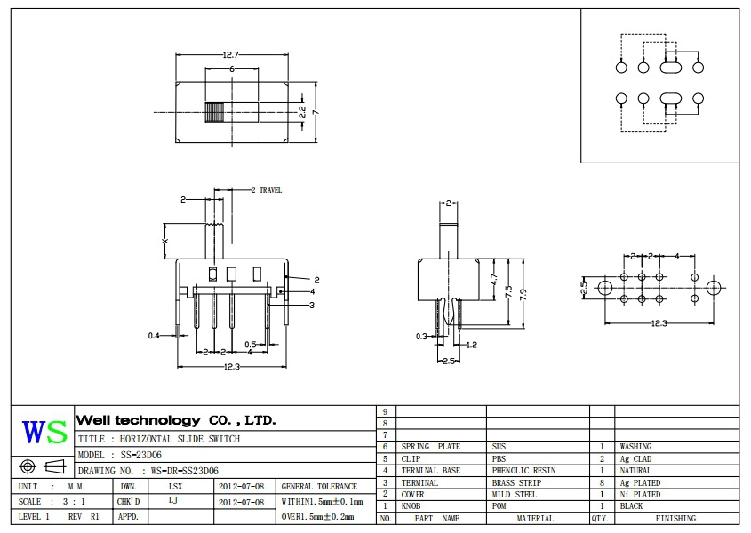 2P3T,Slide Switch DIP/双路3档正拨滑动开关/拨动开关SS-23D06-阿里巴巴