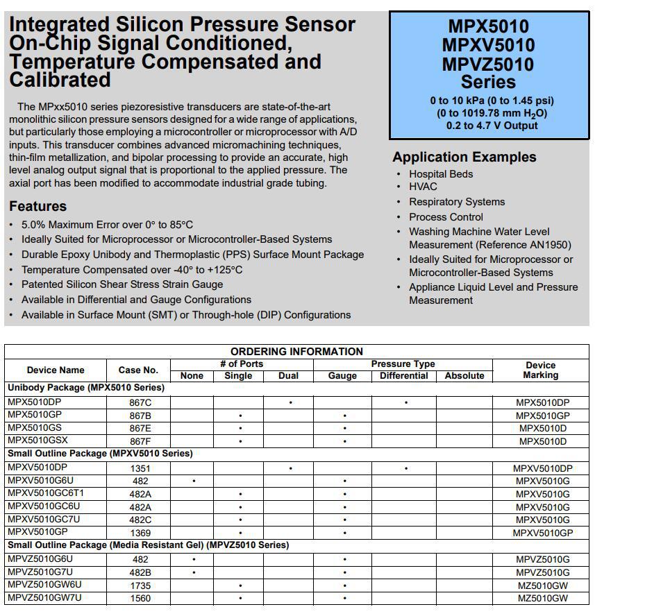 MPX5010GP Freescale/飞思卡尔 模拟输出 10kPa 压力传感器变送器-阿里巴巴