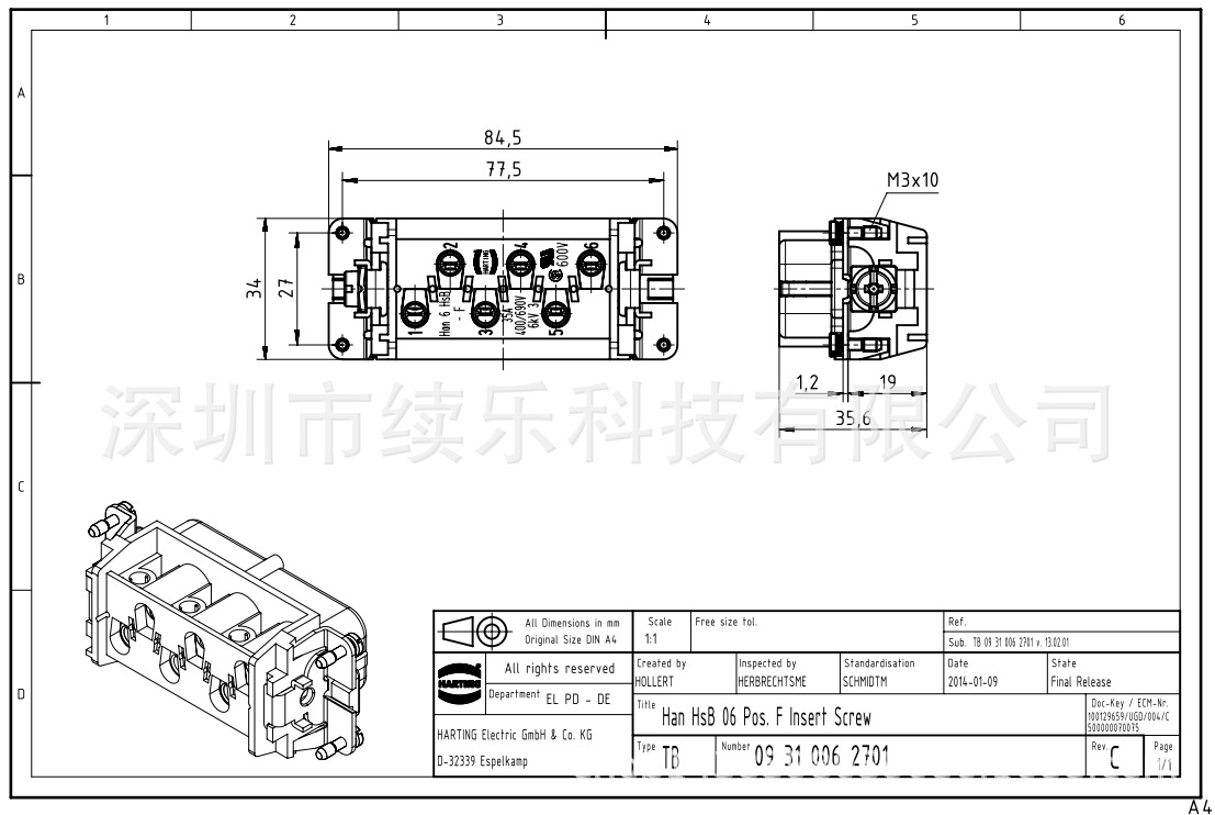 09310062701 HARTING 浩亭 原装正品 大电流6芯35A HAN 6 HSB-F-阿里巴巴