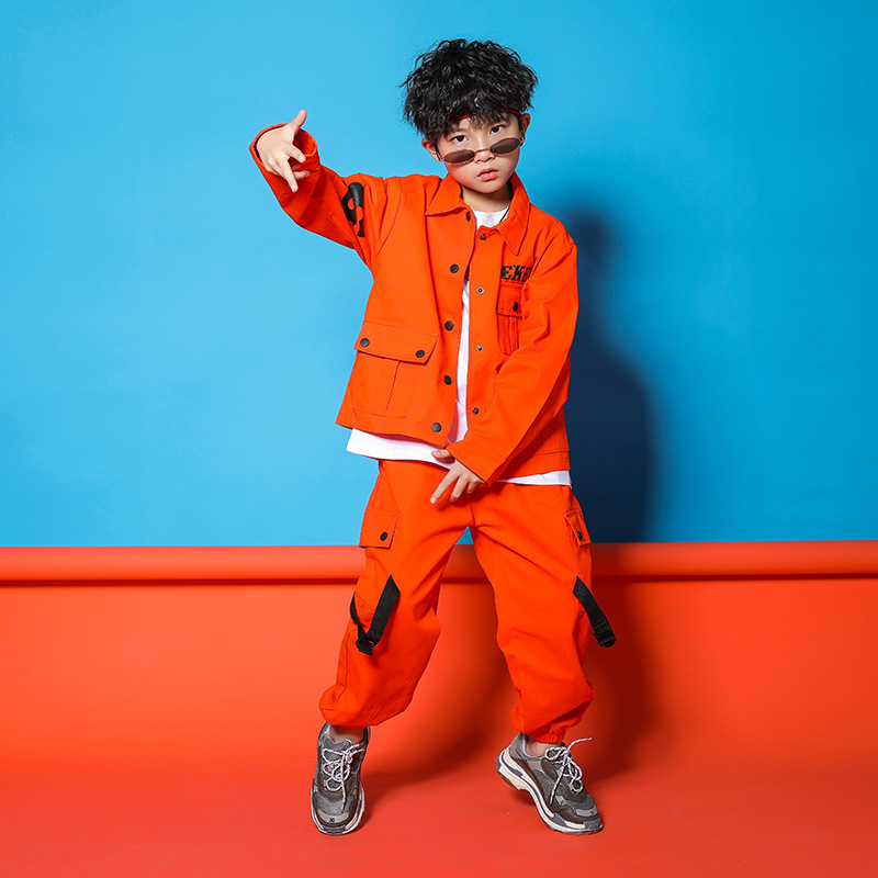 Boy orange color street rapper hip-hop jazz dance costumes girl ...