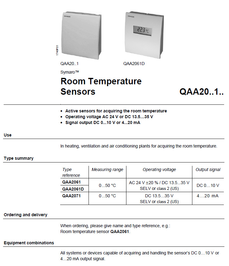 SIEMENS西门子QAA2061房间室内温度传感器QAA2061D,QAA2071-阿里巴巴