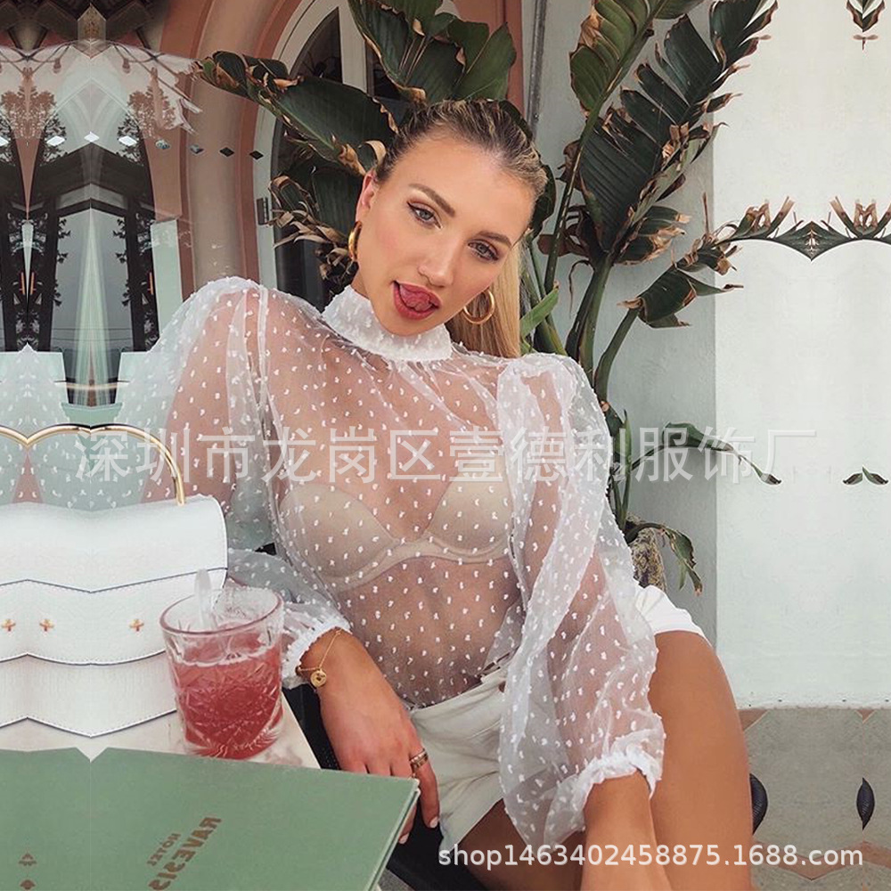 eBay热销 跨境性感透视网纱灯笼袖罩衫蝴蝶结系带T恤新款SU1979-阿里巴巴