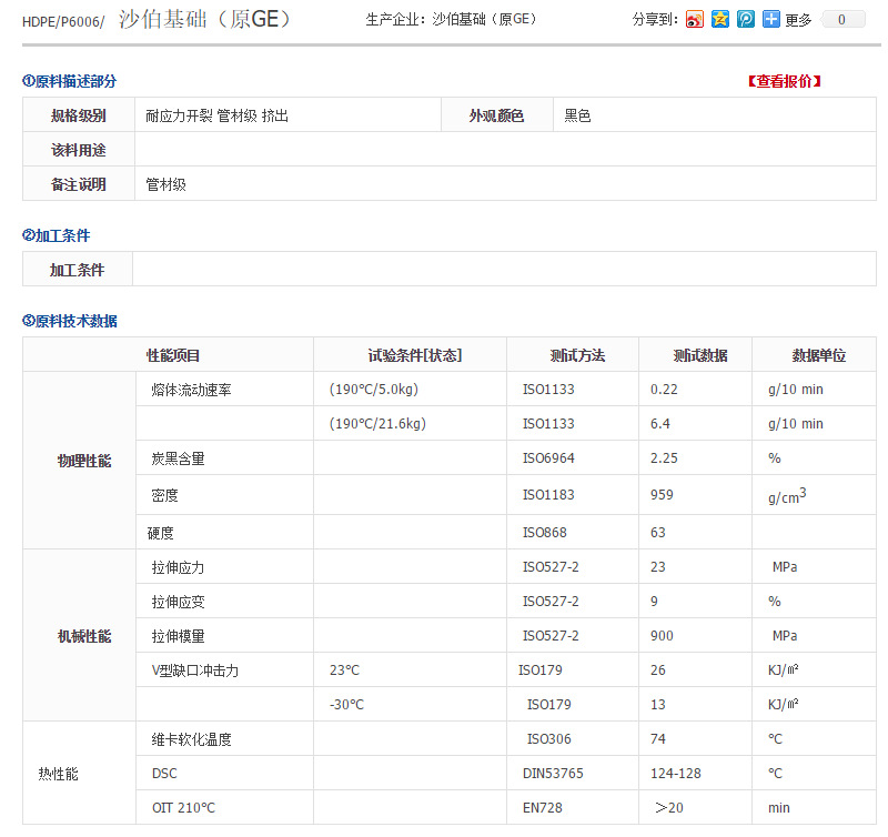 管材HDPE原料 沙特SABIC P6006 黑色PE100级聚乙烯 食品接触PE料-阿里巴巴