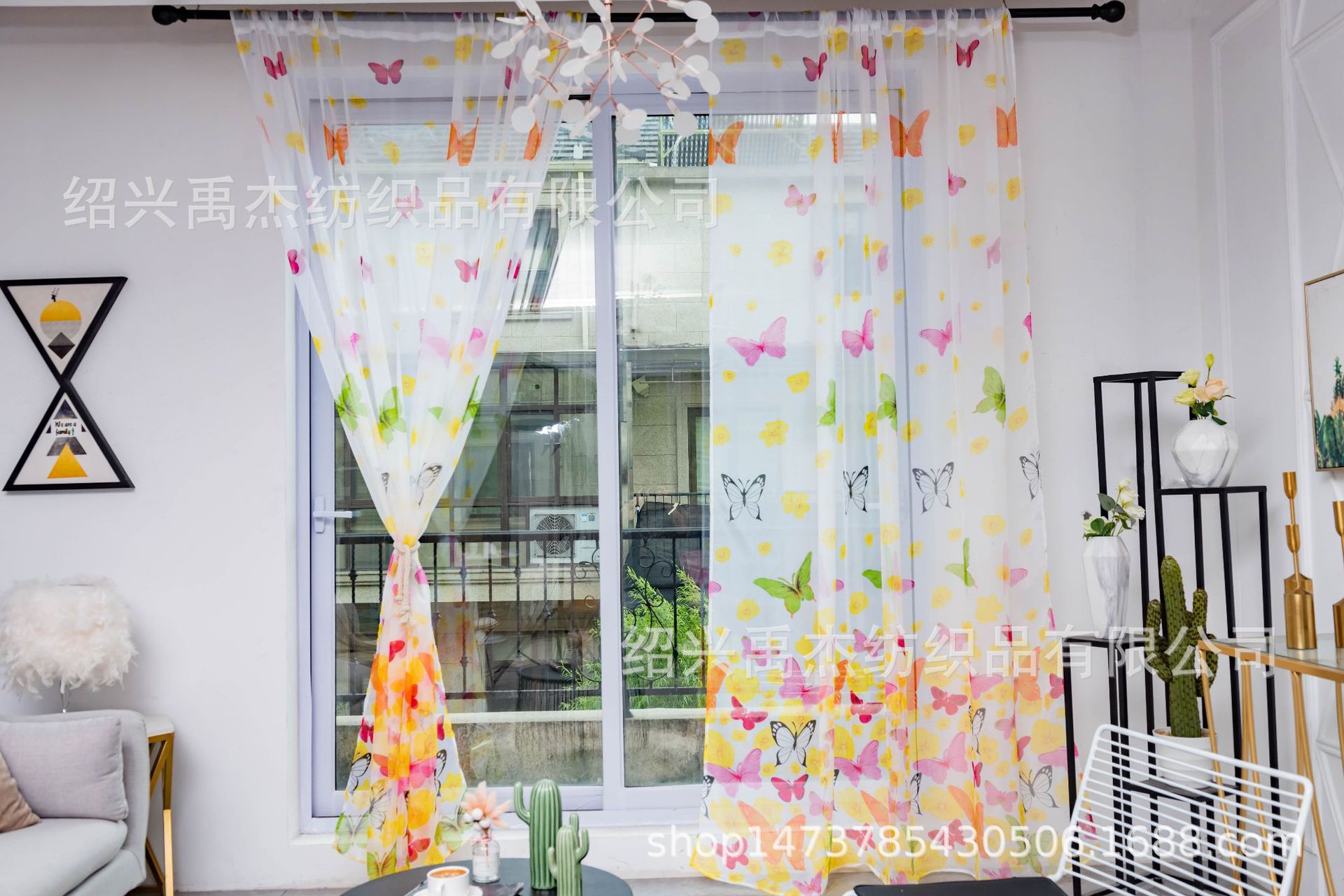 Factory supply autumn new printing big butterfly finished curtain ...