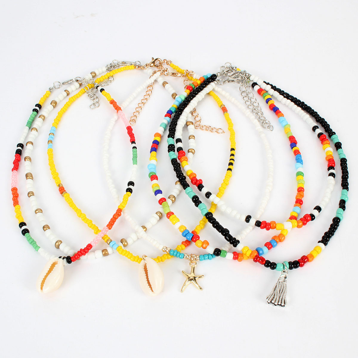 Bohemian starfish shell color rice beads choker NHCT147156