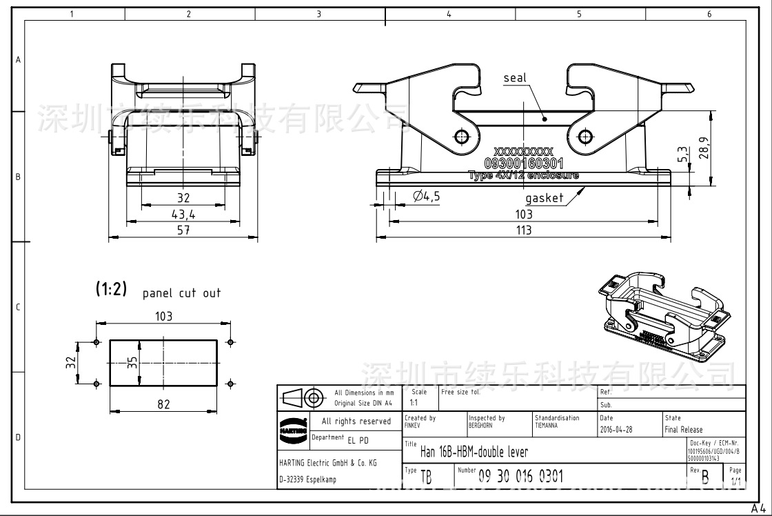 HARTING 09300160301 16B双扣底座 Han 16B-HBM-DL 原装正品现货-阿里巴巴