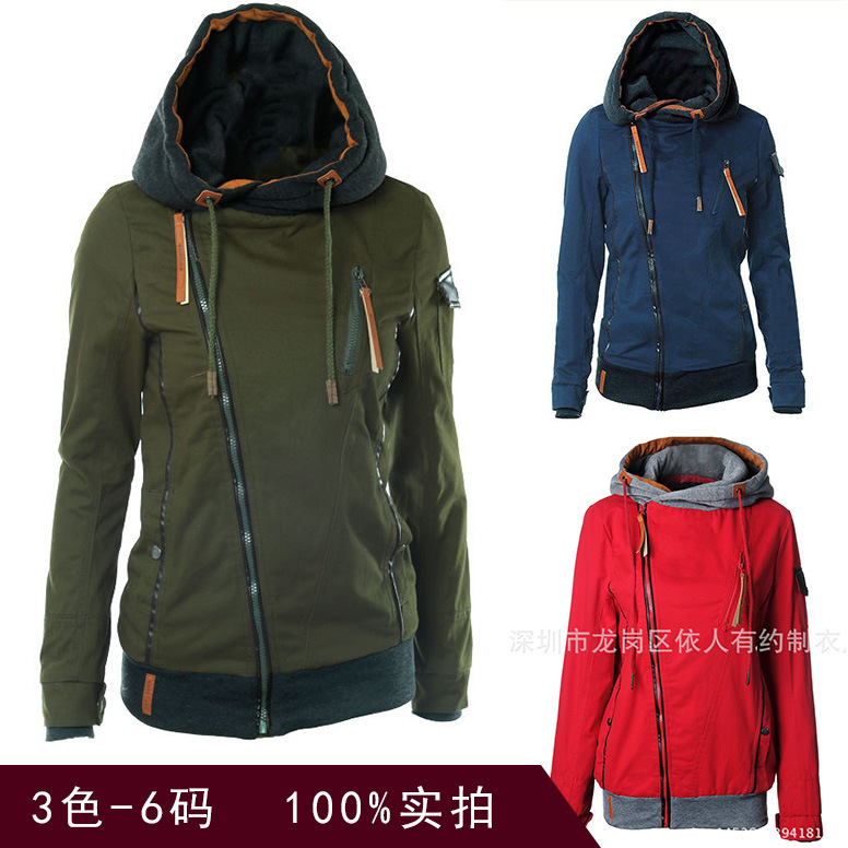 European and American fashion hooded diagonal zipper Long Sleeve Jacket ...