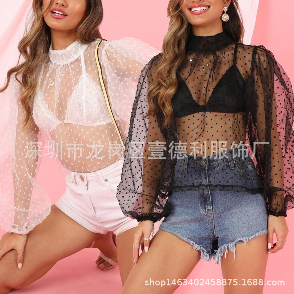 eBay热销 跨境性感透视网纱灯笼袖罩衫蝴蝶结系带T恤新款SU1979-阿里巴巴
