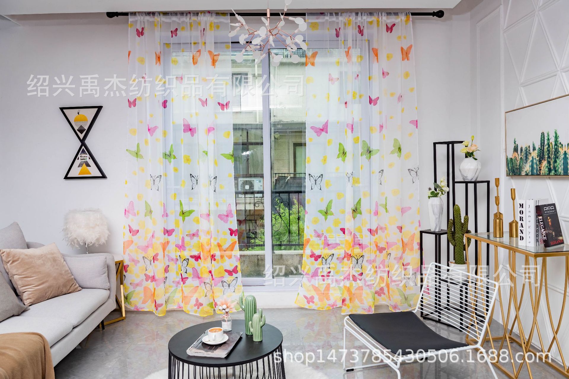 Factory supply autumn new printing big butterfly finished curtain ...