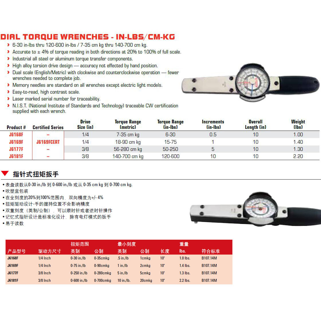 1/4方 指针式扭力扳手 表盘式扭矩扳手 0-75in.lbs J6169FCERT-阿里巴巴