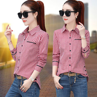 衬衫女2019年新款春装韩版百搭长袖红色格子衬衣上衣修身显瘦女装-阿里巴巴