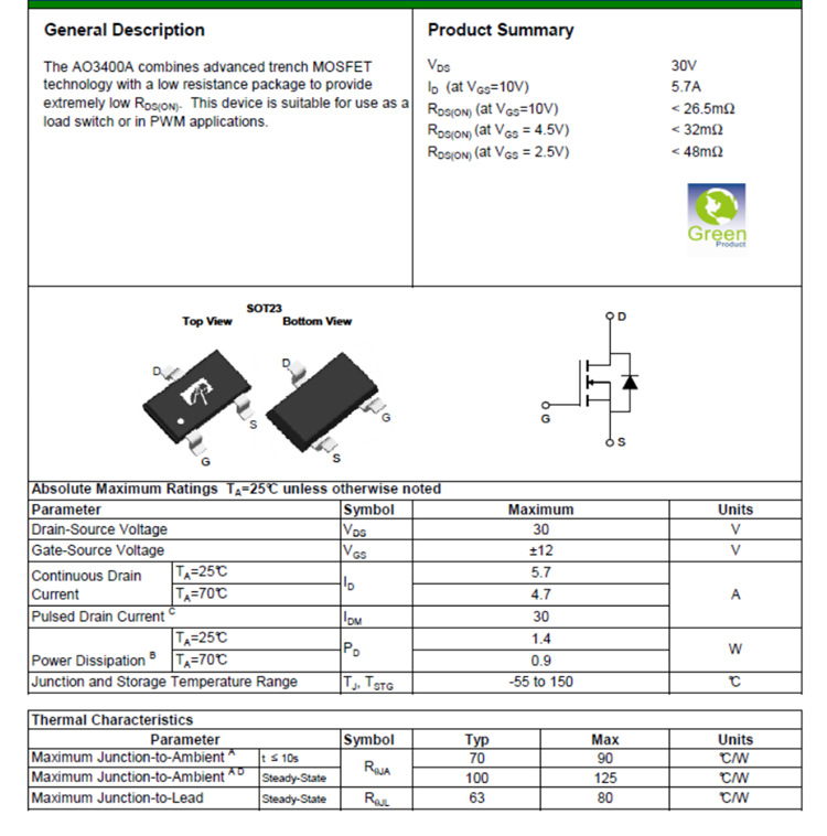MOS场效应管AO3400A 丝印A09T SOT-23-3L N沟道,30V,5.7A AO3400-阿里巴巴