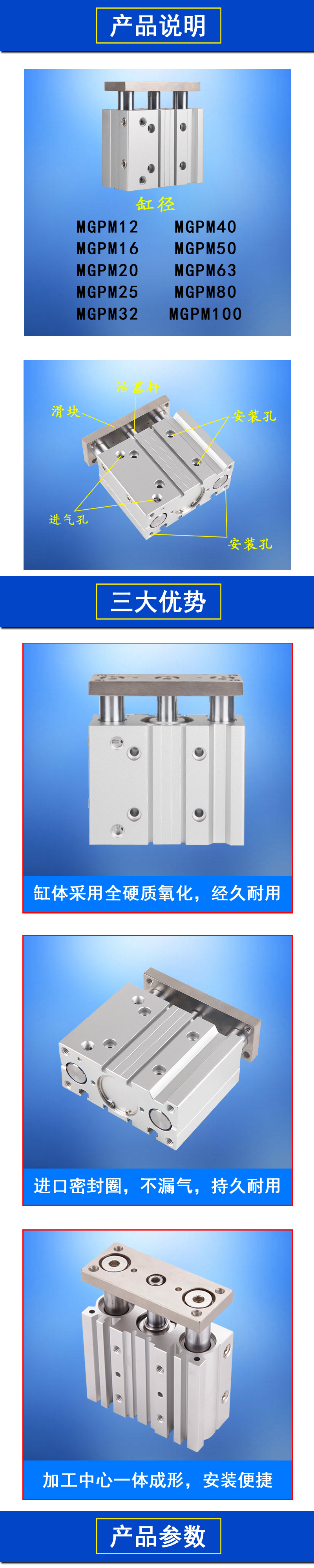 chbh型三轴三杆带导杆气缸MGPM63-10/20/25/30/50/75/100/150/200-阿里巴巴