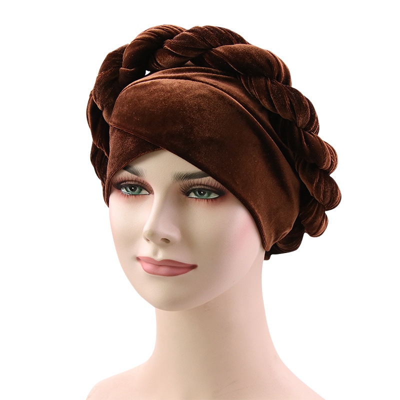 新款天鹅绒麻花辫头巾帽光板纯色辫子穆斯林帽子-阿里巴巴