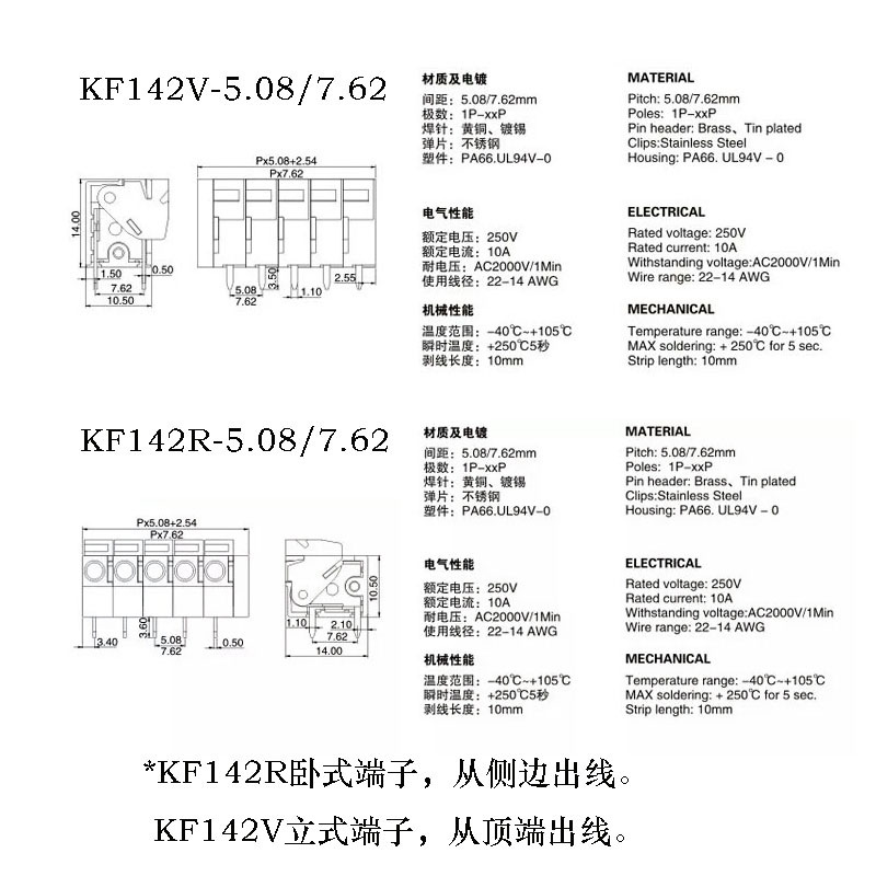 免螺丝弹簧式PCB接线端子142V-5.08 7.62 2P-24P 上端出线 可拼接-阿里巴巴