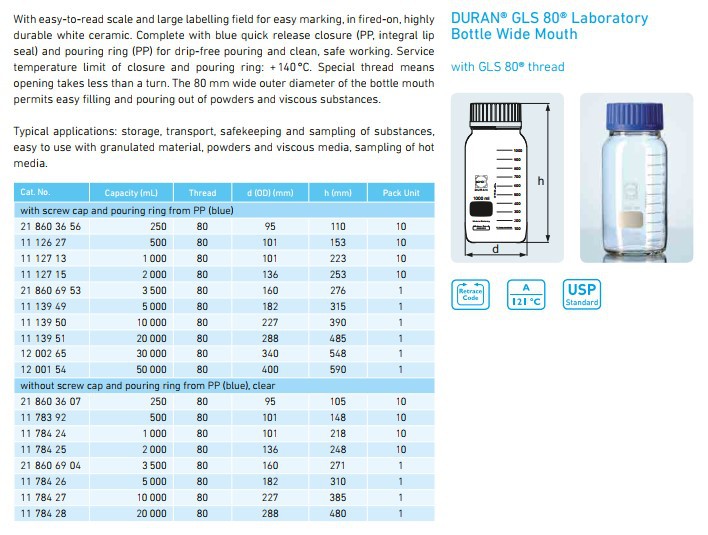 DURAN杜兰 SCHOTT肖特 GL80广口透明玻璃蓝盖试剂瓶 500ml 1000ml-阿里巴巴