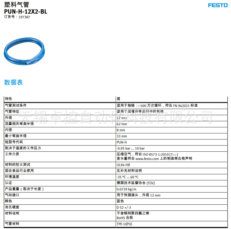 全新德国FESTO费斯托塑料气管PUN-H-12X2-BL订货号197387-阿里巴巴