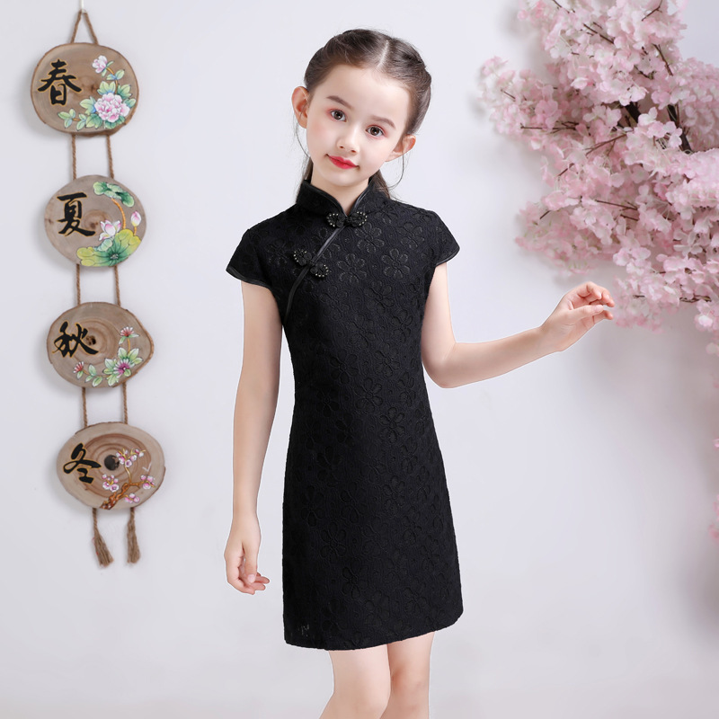 Girls baby black red lace qipao dresses improved cheongsam Tang suit ...