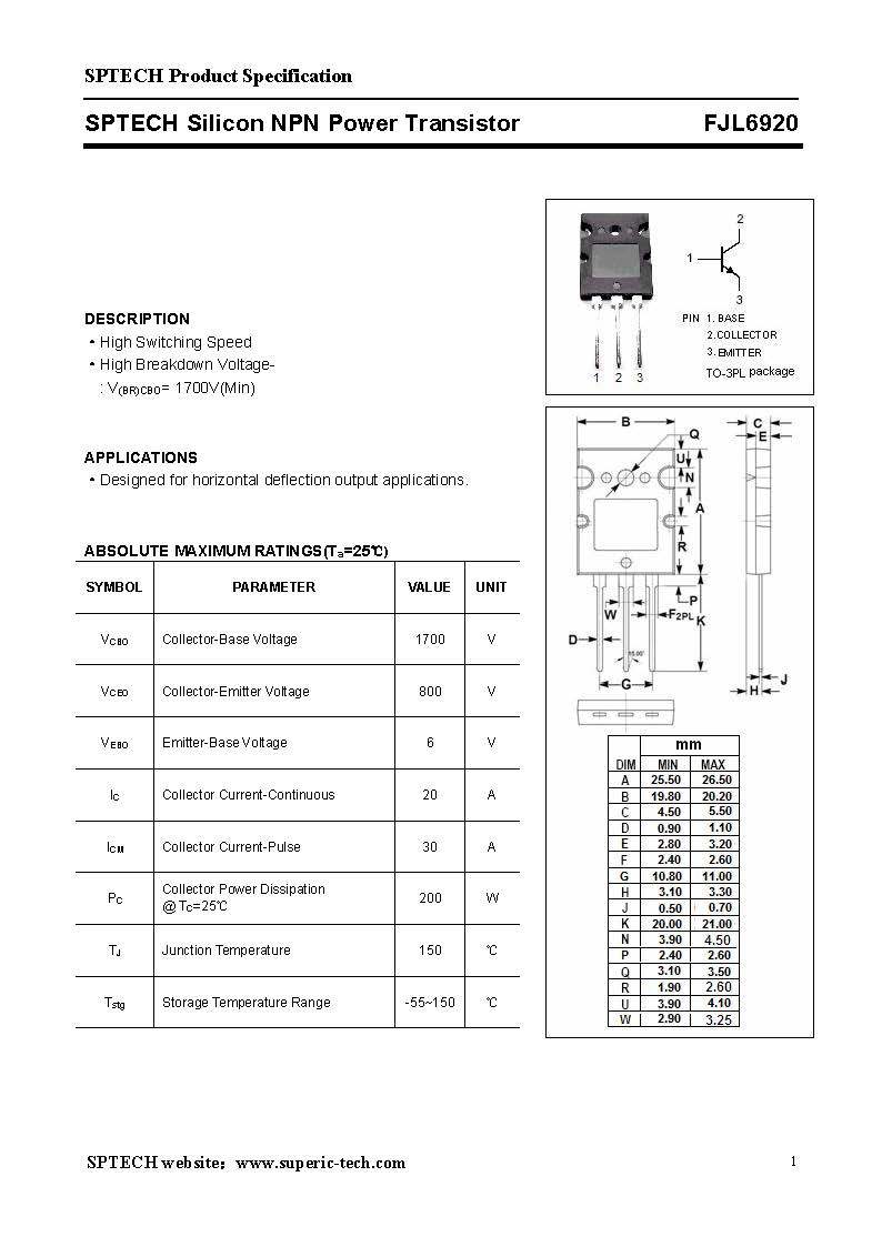 工厂直销SPTECH J6920 FJL6920 NPN 超声波专用晶体管 三极管-阿里巴巴
