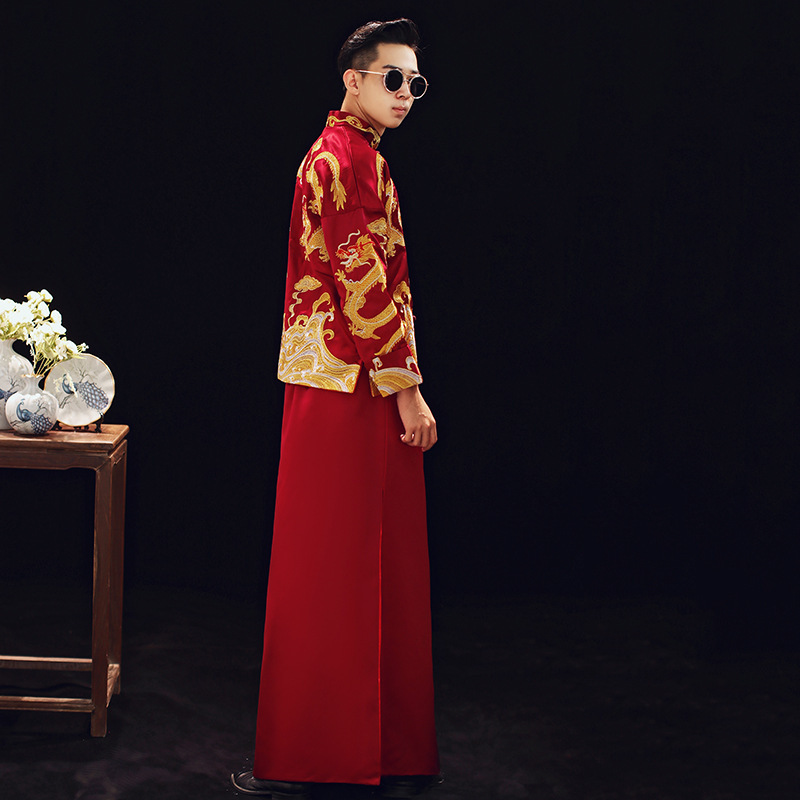 Men's Chinese traditional wedding party wedding dress gold dragon ...