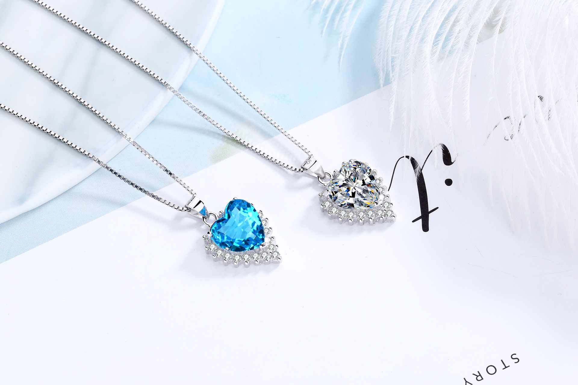 S925纯银 海洋之心吊坠项链女 欧美时尚蓝宝石爱心形配饰跨境外贸-阿里巴巴