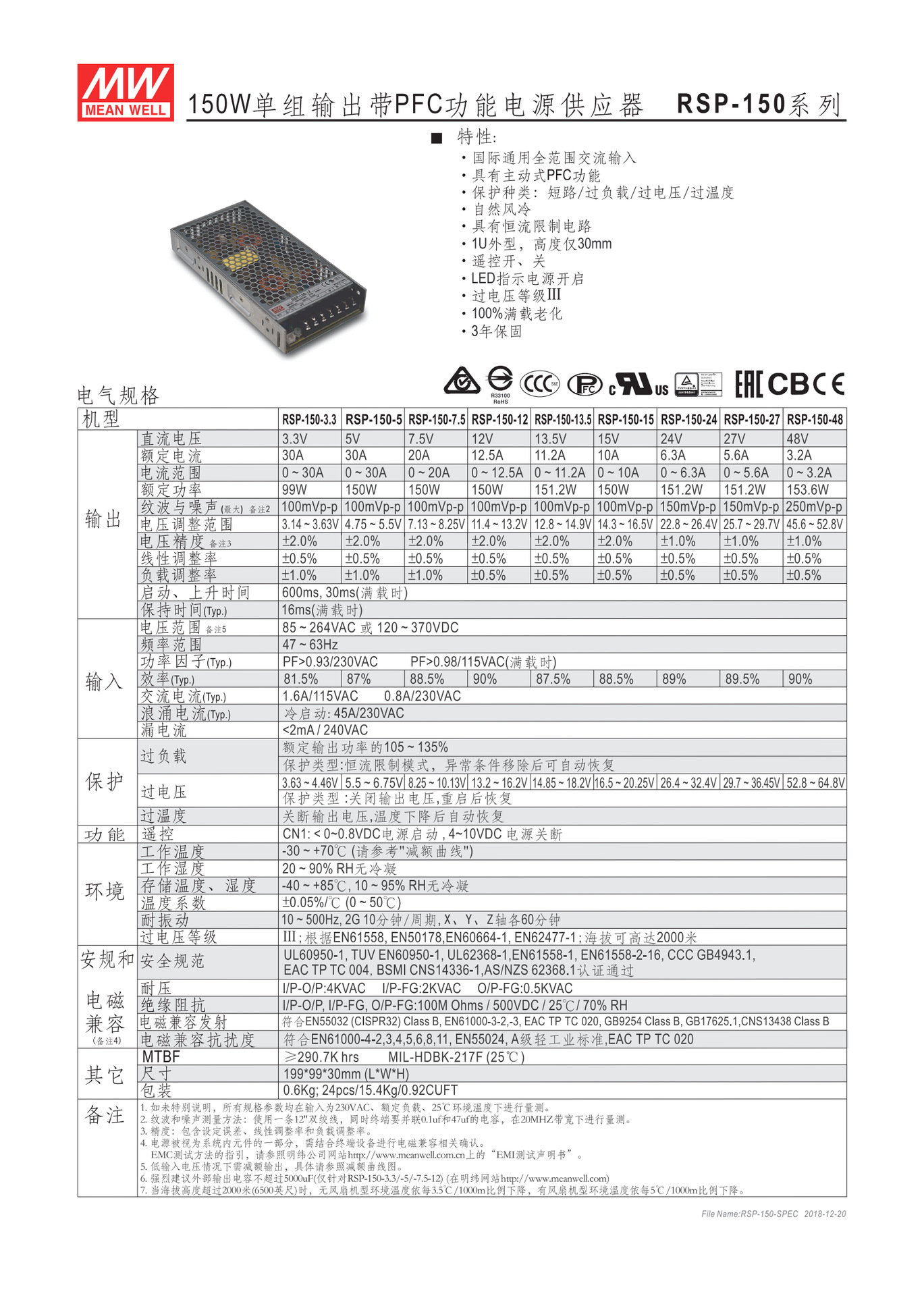 明纬RSP-100/150/320/500W开关电源220转12/24/48V直流稳压带PFC-阿里巴巴
