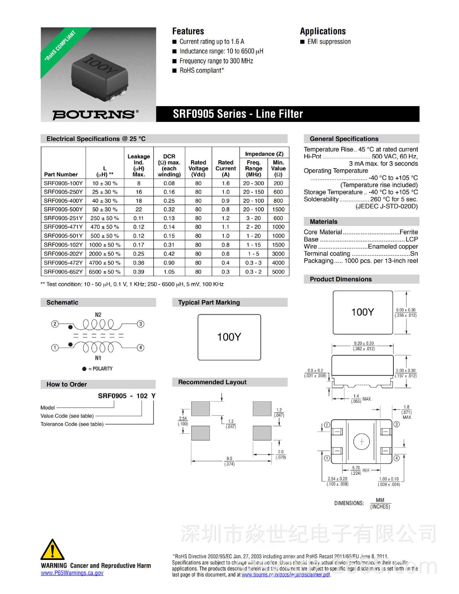 SRF0905-102Y 9x6x5 2x1000UH 1MH 102Y贴片共模电感 滤波器 现货-阿里巴巴