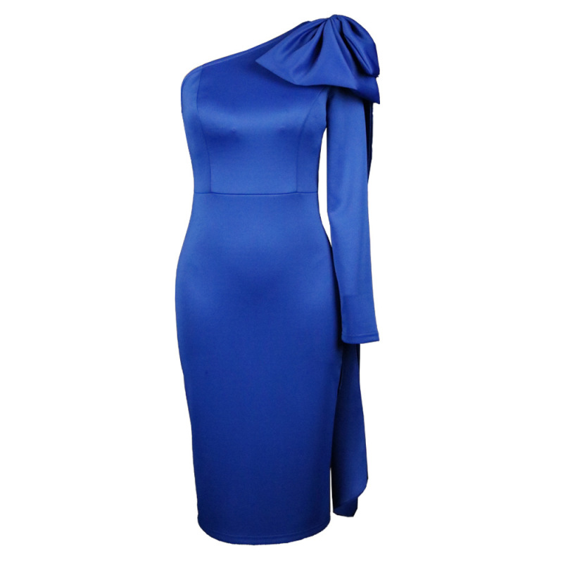 Women royal blue red Sexy one-shoulder slant neck evening party fashion ...