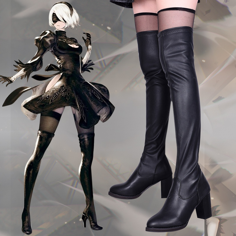 尼尔机械纪元尤尔哈2号b型 2b小姐姐同款cosplay鞋子过膝高跟皮靴 阿里巴巴 1497