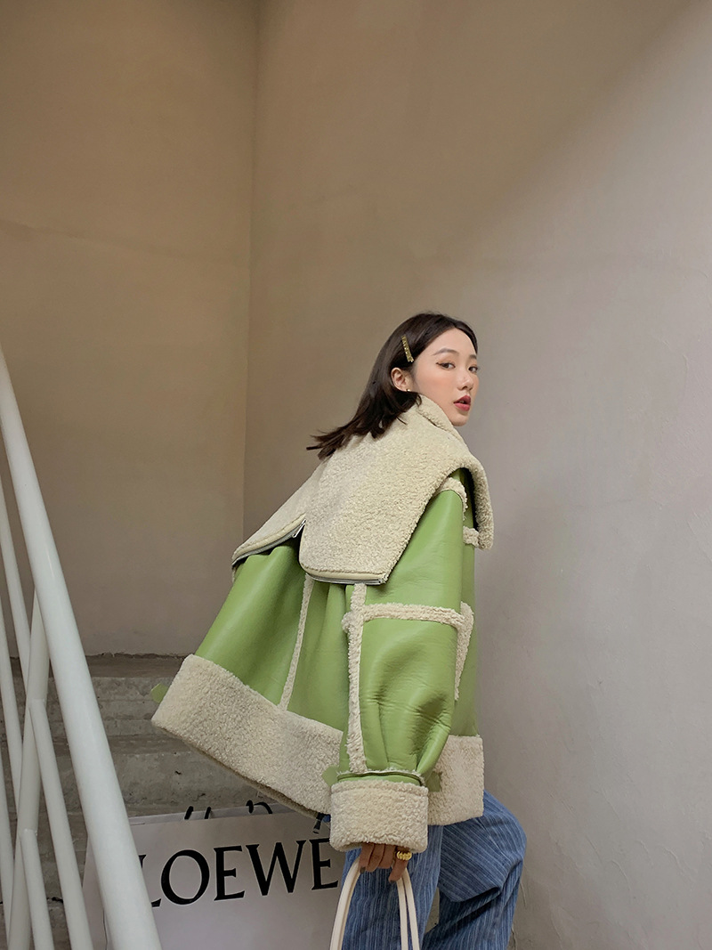 AF538气质韩版东大门宽松翻领绿色皮毛一体外套女设计感冬季新款-阿里巴巴
