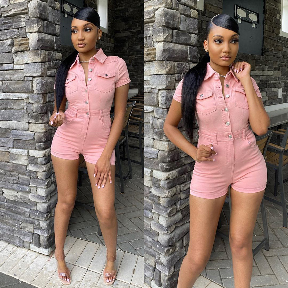 A6328 连体裤 跨境女装独立站Ebay亚马逊欧美纯色短袖扣子连体裤-阿里巴巴