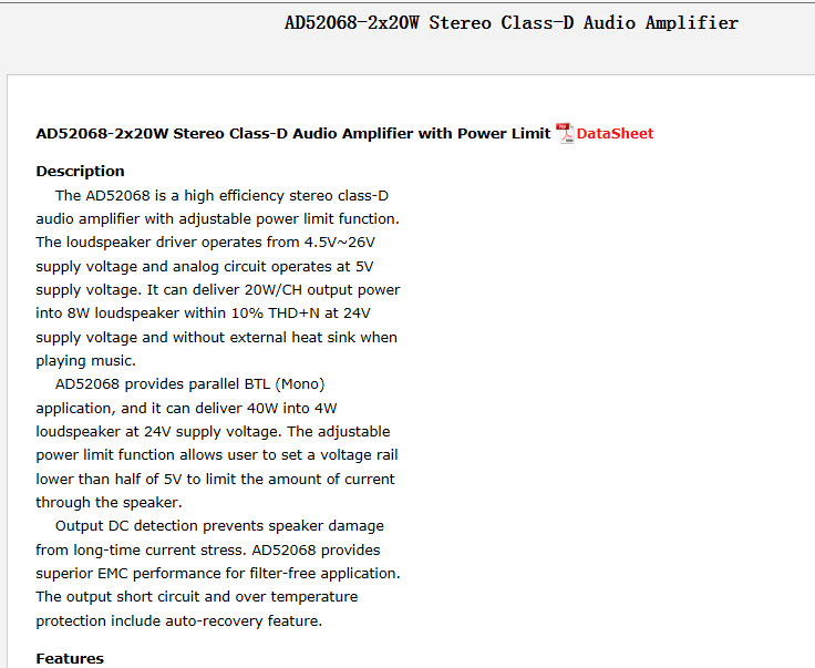 原装AD52068是个20W 双声道带展频技术的D类音频功放IC质量保证-阿里巴巴