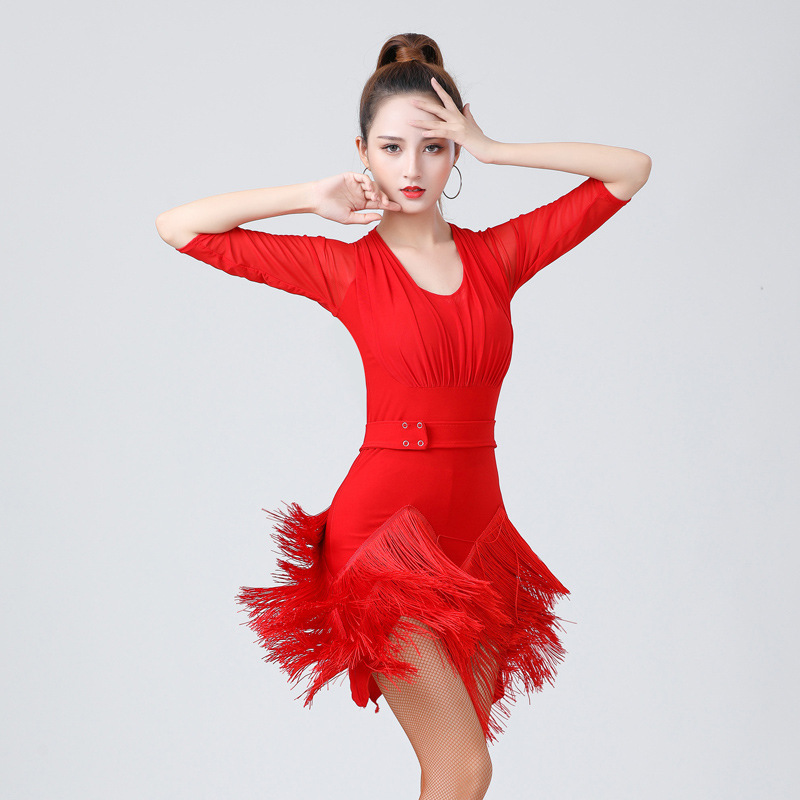 Women black red fringe latin dance dress modern Latin Dance Costume Cha ...