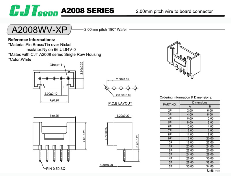 A2008WV-2P CJT长江连接器原装 立式贴片 2PIN 2.0MM 针座连接器-阿里巴巴
