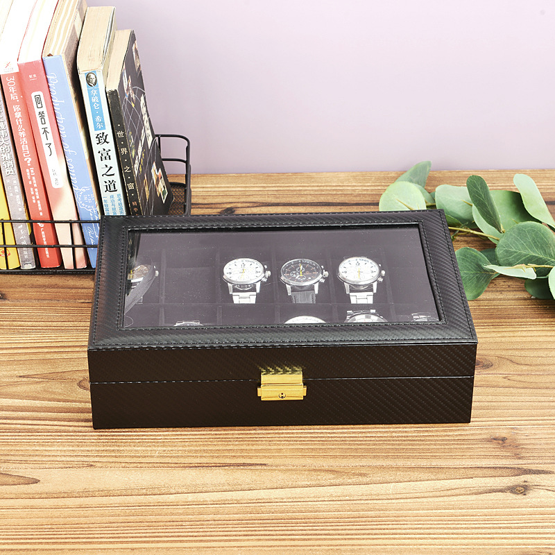 现货批发全黑色碳纤维手表盒12位手表盒pu皮手表收纳盒手表展示箱-阿里巴巴