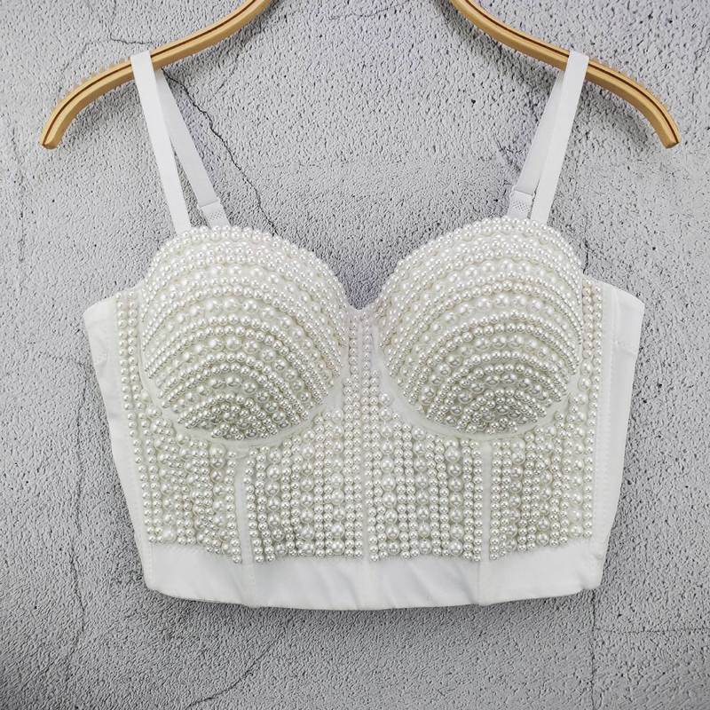 Women jazz dance pearl beaded bra tops white black nightclub bar ...