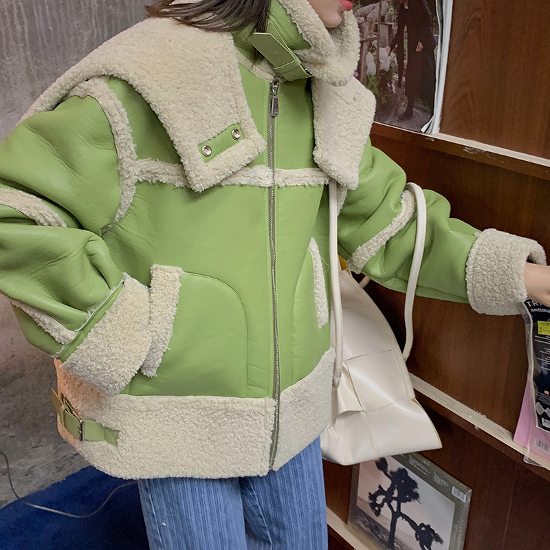 AF538气质韩版东大门宽松翻领绿色皮毛一体外套女设计感冬季新款-阿里巴巴