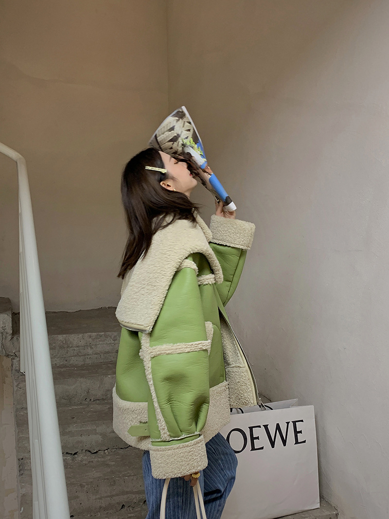 AF538气质韩版东大门宽松翻领绿色皮毛一体外套女设计感冬季新款-阿里巴巴