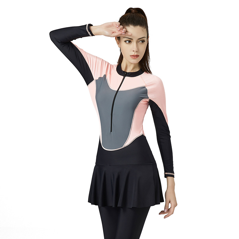 Trisass 2020新款长袖连体女游泳衣 长裤裙式沙滩衣防晒拉链拼色-阿里巴巴