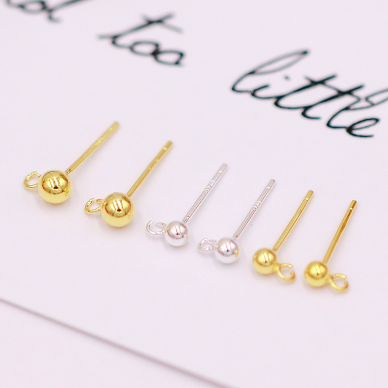 S925银针镀18K真金3/4mm豆豆耳针带吊开口耳钉diy耳饰饰品配件-阿里巴巴