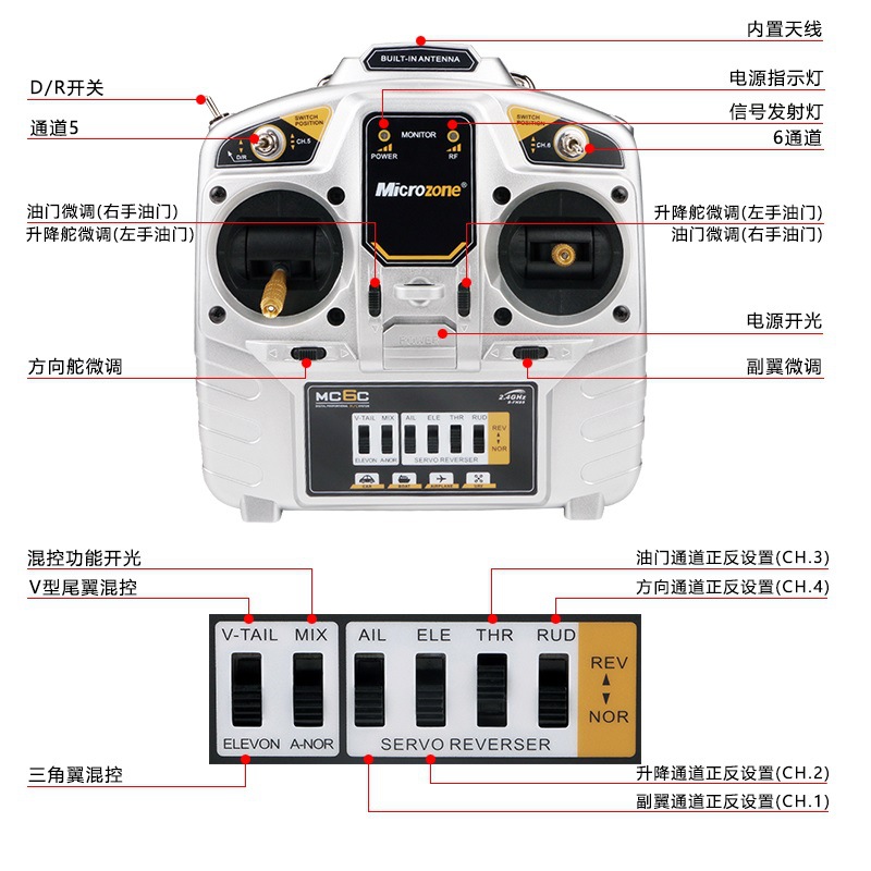 MC6C遥控器迈克 航模车船固定翼多轴通用2.4g 6通道接收机升级版-阿里巴巴