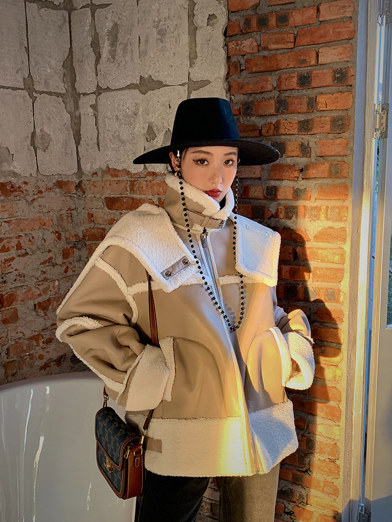 AF538气质韩版东大门宽松翻领绿色皮毛一体外套女设计感冬季新款-阿里巴巴