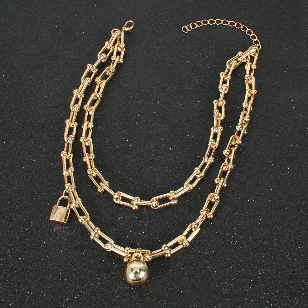alloy lockshaped ball pendant doublelayer bamboo chain necklace NHCT295321